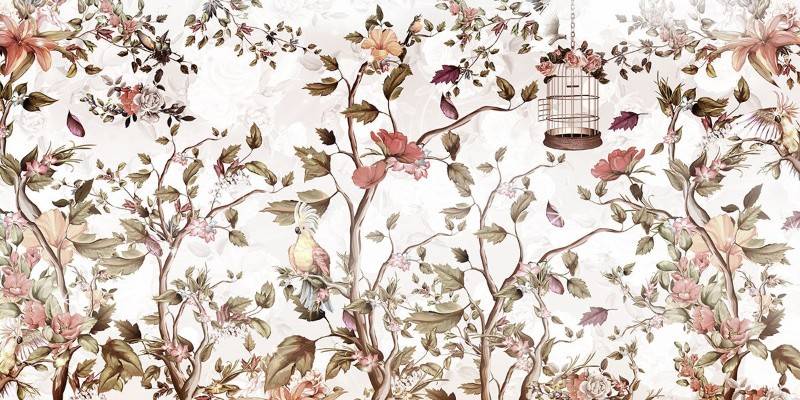 3D Фотообои Artegrafico «Птички в цветущем кустарнике» CH-008 песок
